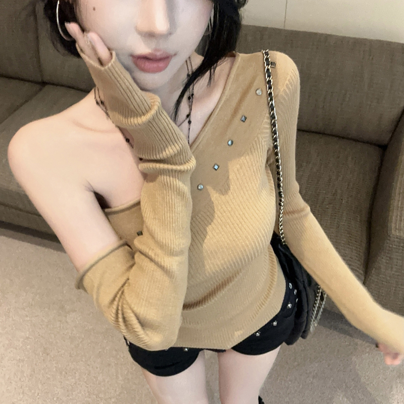 Rivet Off Shoulder Sweaters For Women Sexy Pullovers Asymmetric Knitted ...