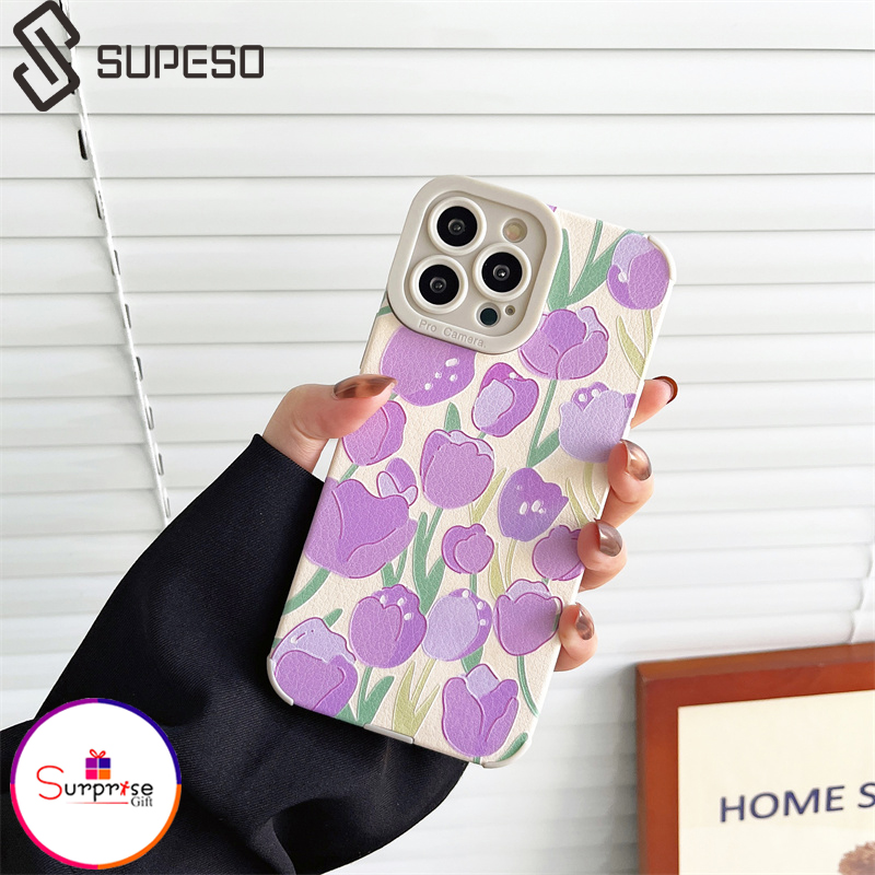 Supeso เคสโทรศัพท์ลายดอกไม้สีม่วงดอกทิวลิป Lambskin สำหรับ Oppo Reno 7