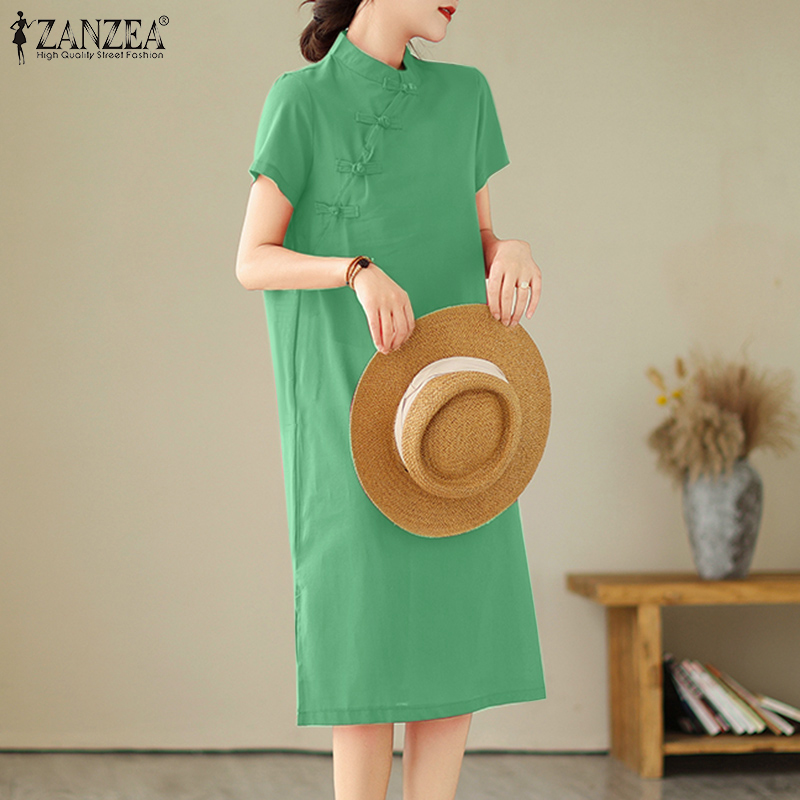 Celmia ZANZEA Womens Cheongsam Dress Elegant Loose Plain Midi Dresses ...