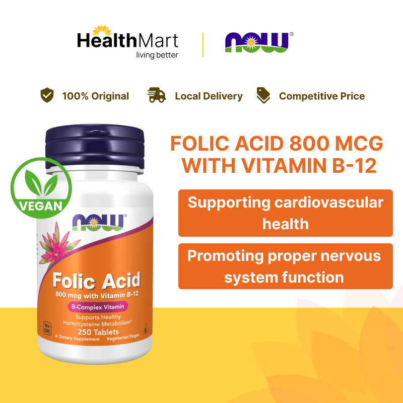 [SG] Now Foods, Folic Acid 800 mcg with Vitamin B-12, 250 Tablets ...
