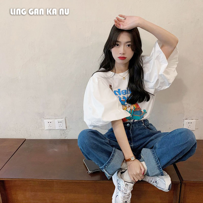 LING GAN KA NU ผู้หญิงพัฟแขนเสื้อออกแบบเสื้อยืด 2022 IG สไตล์แฟชั่นฤดู ...
