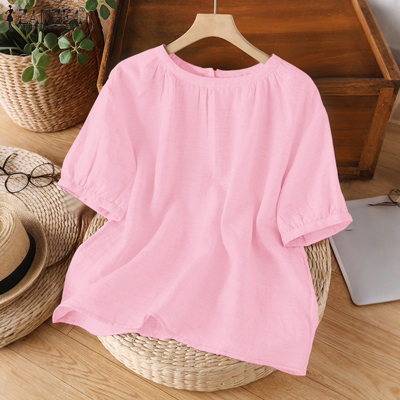 ZANZEA Women Summer Retro Raglan Sleeve Pleated Blouses Crew Neck Solid ...