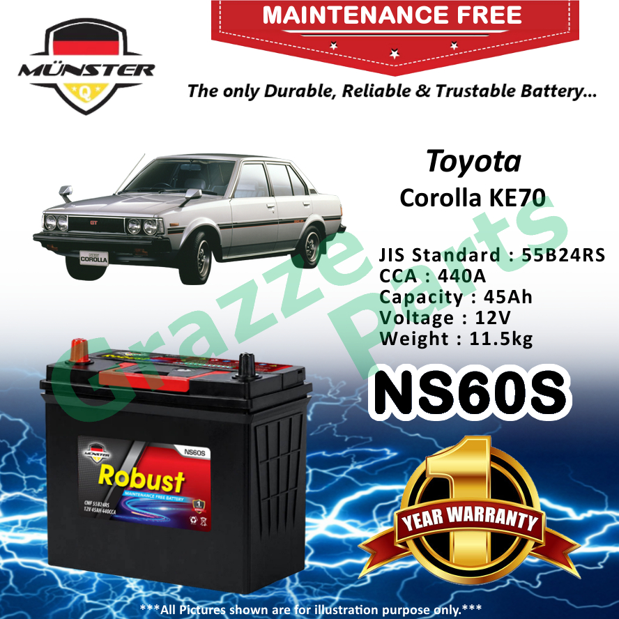 Münster Robust MF CMF NS60S | 55B24RS (45AH) Car Battery Bateri Kereta for Toyota Corolla KE70 1 ...