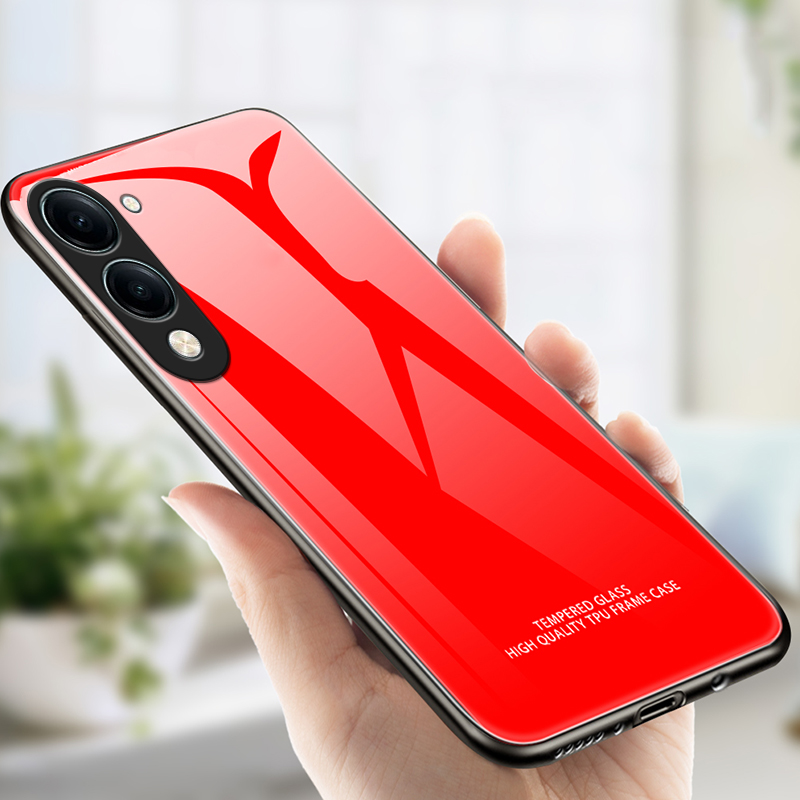 Biruiqu For VIVO Y04 Shockproof Tempered Glass Back Soft Silicone Edge ...