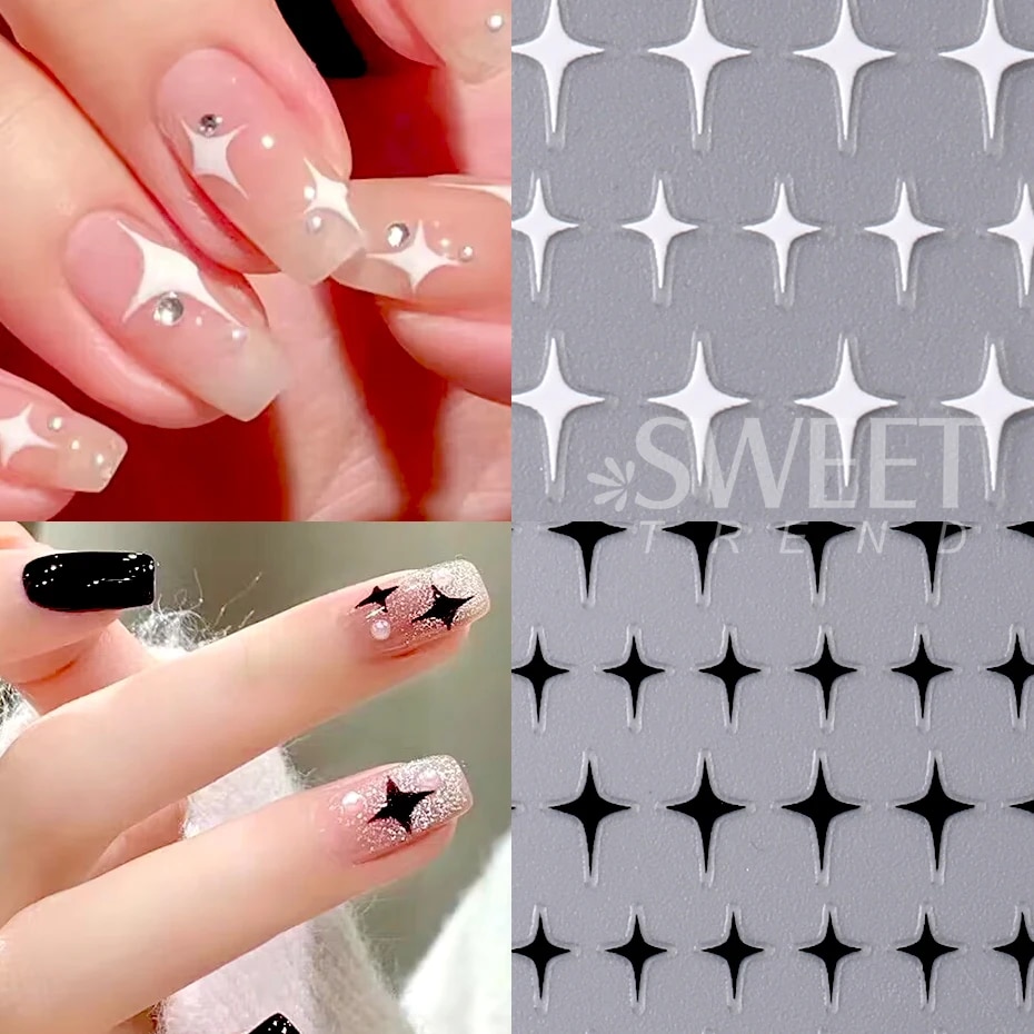 NEW 3D Gold Sliver Star Nails Stickers Bronzing Laser White Cross ...