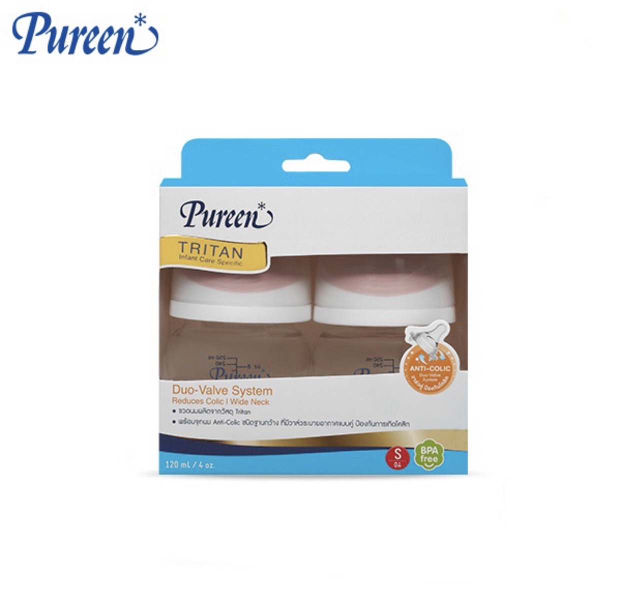 Pureen เพียวรีน ขวดนมไตรตันคอกว้าง พร้อมจุกวาวล์คู่ แพ็คคู่ 4 oz ...