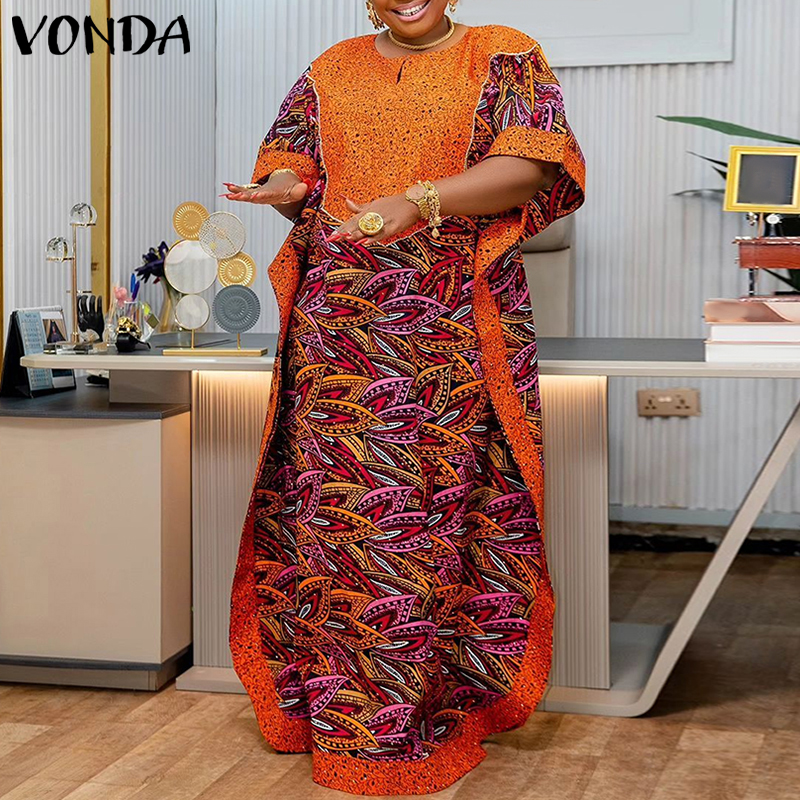 VONDA Party Crew Neck Patchwork Printing Half Sleeves Wedding Maxi ...