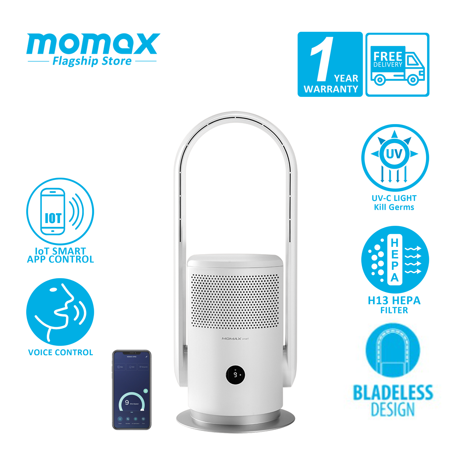 Momax AP6SUKW UItra-Air IoT UV + H13 HEPA Purifying Fan | Lazada
