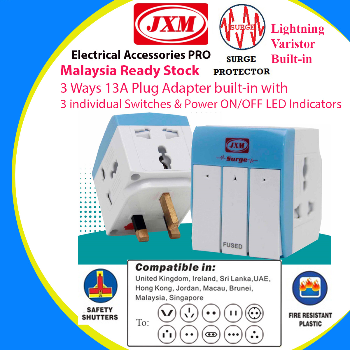 JXM Lighnting Varistor Built-in 3Way 13A 250Vac Plug Adapter with 3 ...