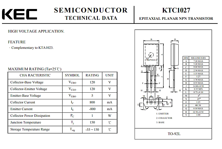 (5ตัว) C1027 , KTC1027 , Transistor NPN 120V 0.8A TO-92L - mkve - ThaiPick