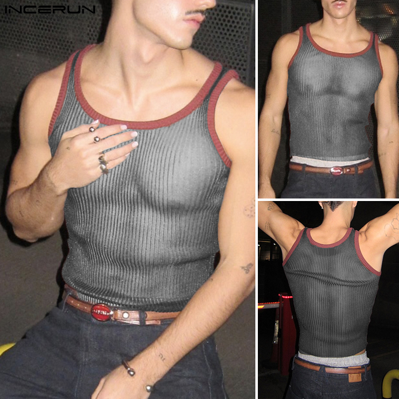 INCERUN Men's Fashion Party Contrast Edge See Through Tanks Sleeveless ...