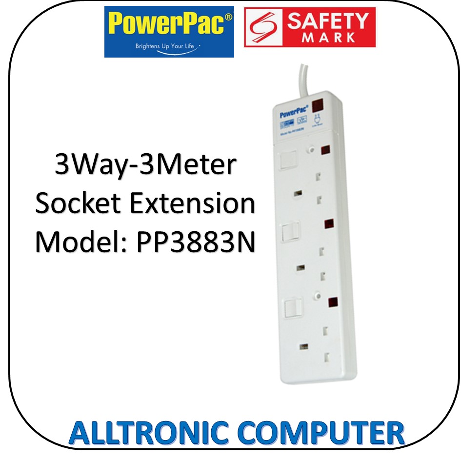 Powerpac 3Way 3Meter Extension Cord with Direct 2pin and Safety Mark ...