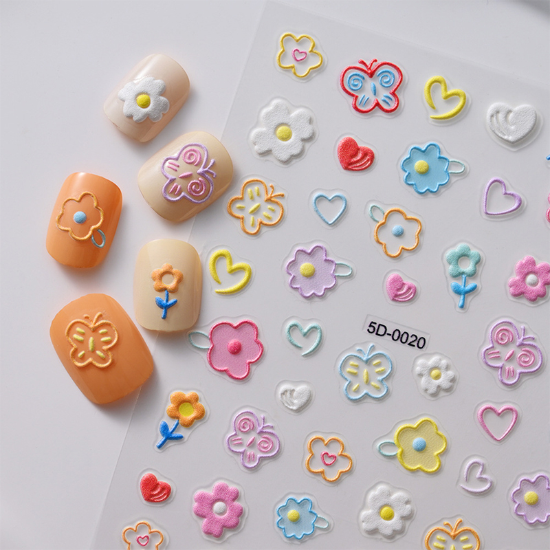 Dopamine Colored Relief Nail Stickers Cartoon Line Flower Pink Sweet ...