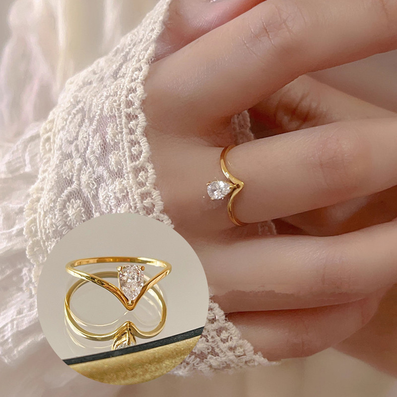 Enacolor Titanium Steel V-shaped Delicate Zircon Water Drop Rings 18K Gold for Women Accessories ...