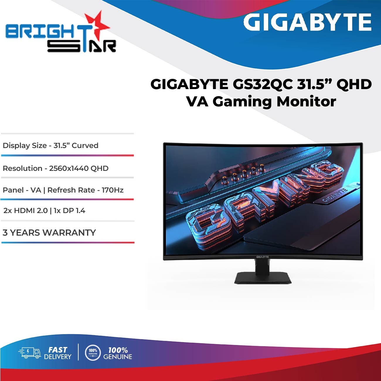 GIGABYTE GS32QC 31.5" QHD VA Curved Gaming Monitor (170Hz/1ms/2x HDMI ...