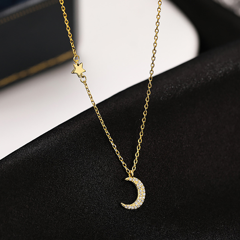 Simple Bronze Moon Star Pendant Necklace Women's Short Collarbone ...