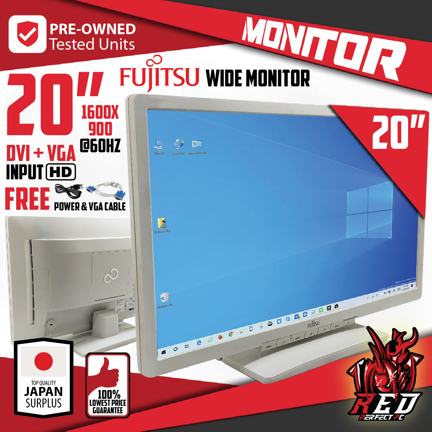 MONITOR / FUJITSU / 20 INCH WIDE / DVI & VGA INPUT / FREE VGA AND POWER ...