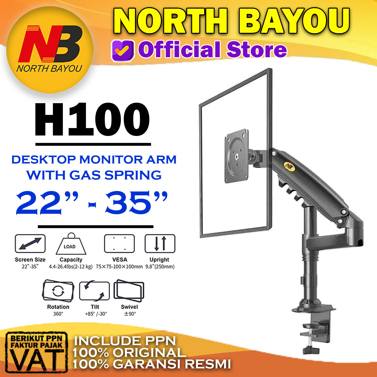 NB H100 h 100 17" - 34" GAS STRUT MONITOR LED LCD ARM NORTH BAYOU ...