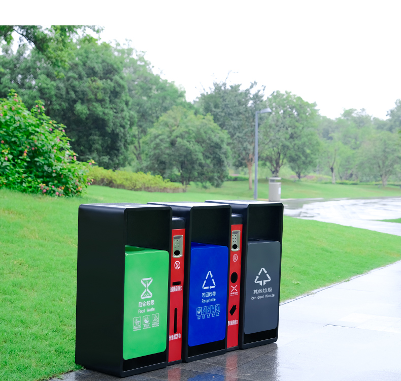 Metal Industrial Trash Recycle Bin 3 Compartments Outdoor Furniture ...