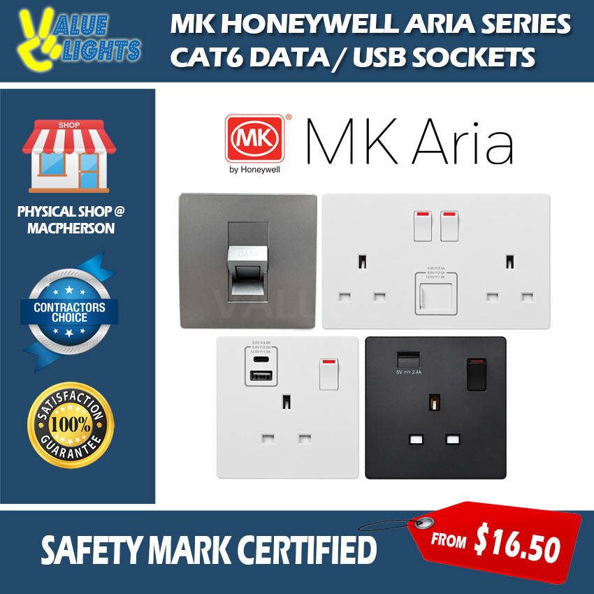 MK Honeywell Aria Series RJ45 Cat6 Data Socket USB Socket USB Type A ...