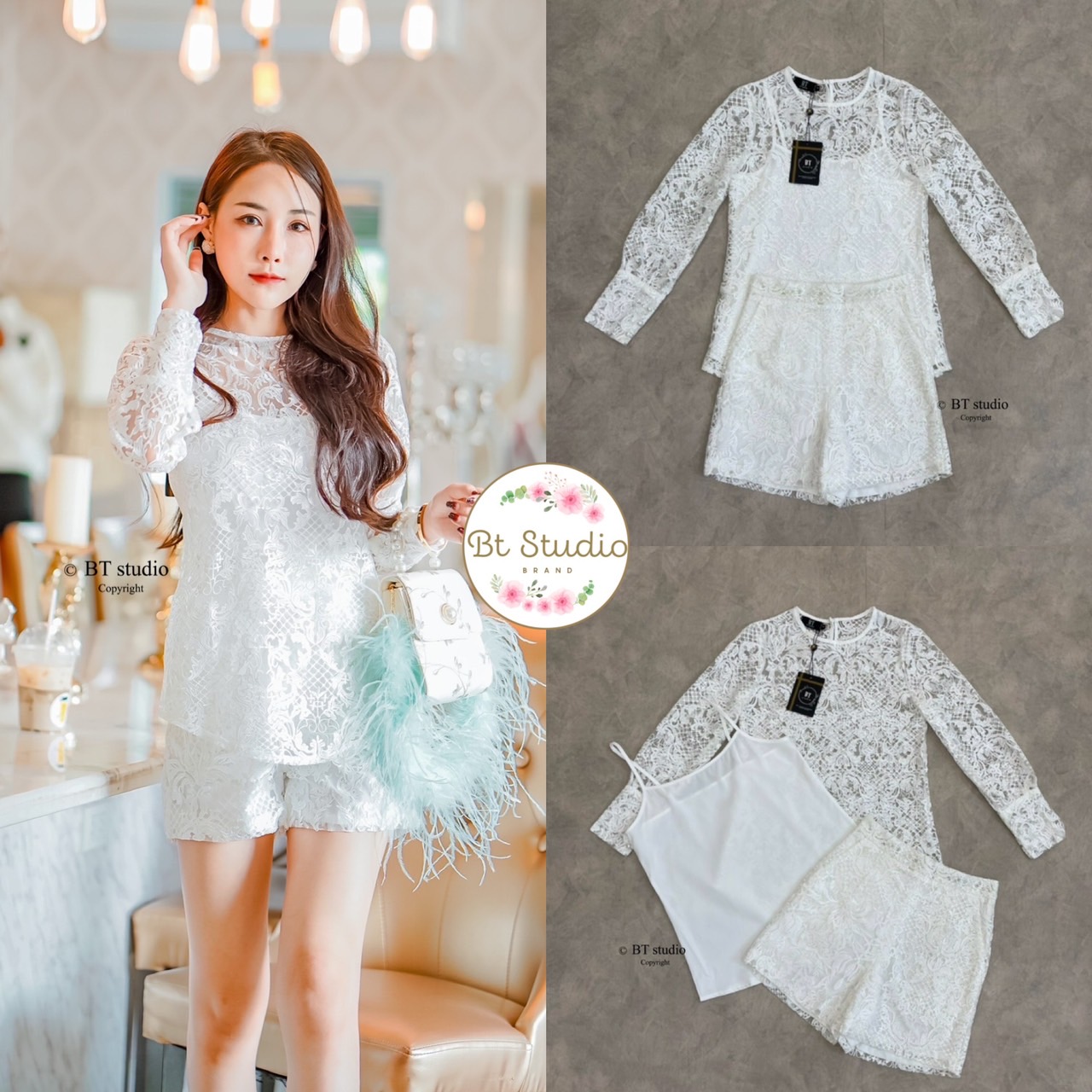 งานป้าย BT-Studio Set 3ชิ้น เสื้อแขนยาวลูกไม้สีขาวคอกลม มาพร้อมซับในแมทซ์กับกางเกงขาสั้นมีซับใน ...