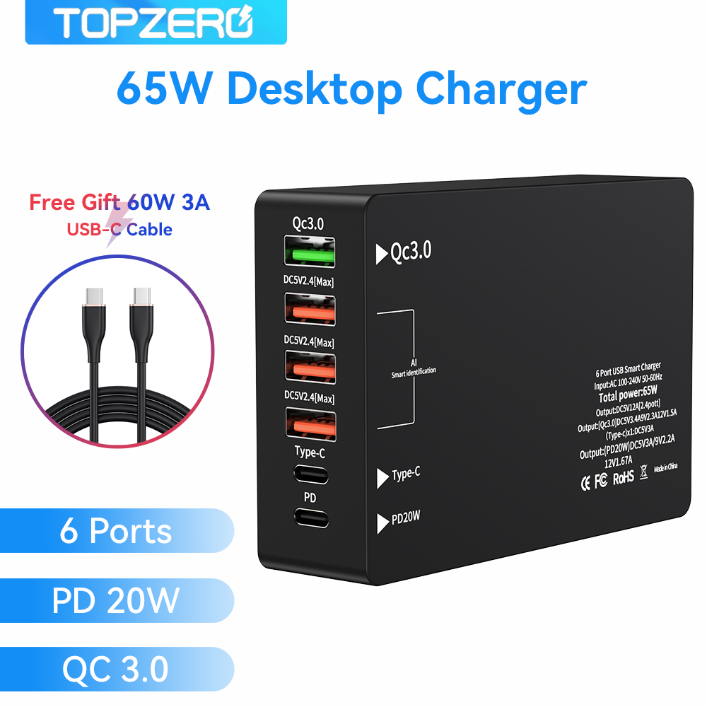 TOPZERO 65W USB Charger PD 20W USB C Fast Charge QC3.0 Quick Charger สำหรับ iPhone 14 13 12 ...