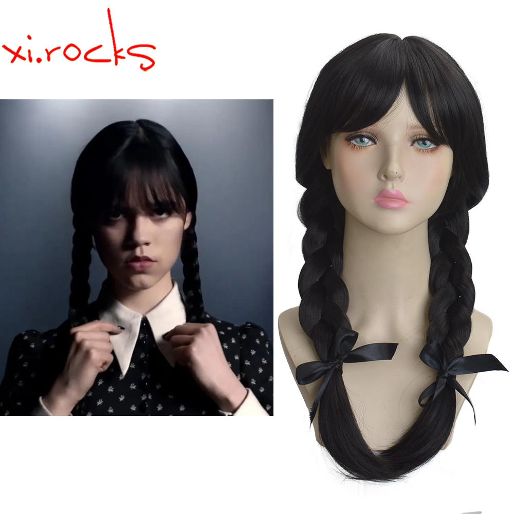 3622l Xirocks Addams Wednesday Long Black Braids Hair Cosplay Heat