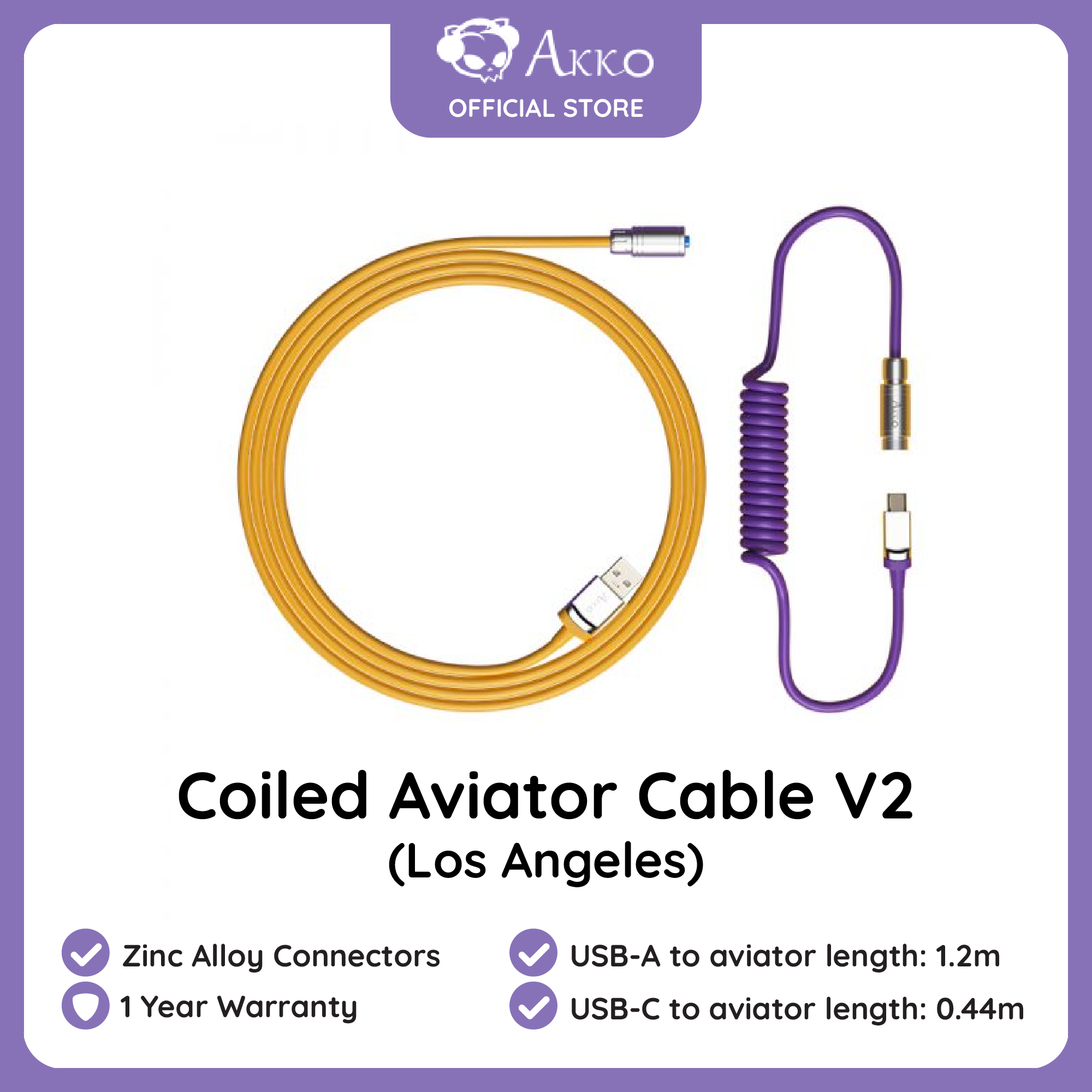 AKKO Coiled Cable Aviator V2, Zinc Alloy Connectors, USB-A to aviator ...