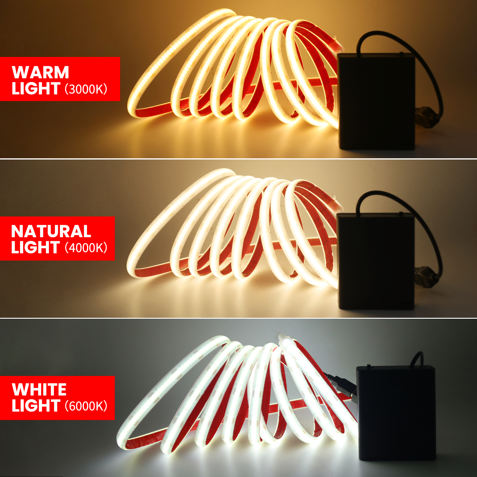 IP68 Waterproof COB LED Strip 5V Powered Flexible Ribbon Adhesive Tape ...