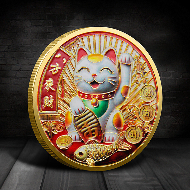 Colorful Lucky Cat Commemorative Coin Gold Plated Collectible Coin Luck ...