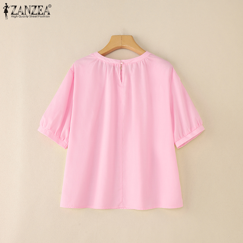 ZANZEA Women Summer Retro Raglan Sleeve Pleated Blouses Crew Neck Solid ...