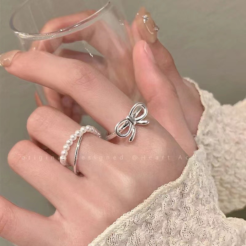 【Whoever uses it, who praises it】Minimalist Bow Pearl Ring suit Niche ...