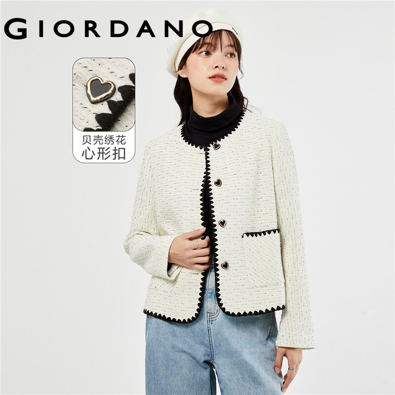 GIORDANO Women Jackets Contrast Color Embroidery Edge Jackets Crewneck ...