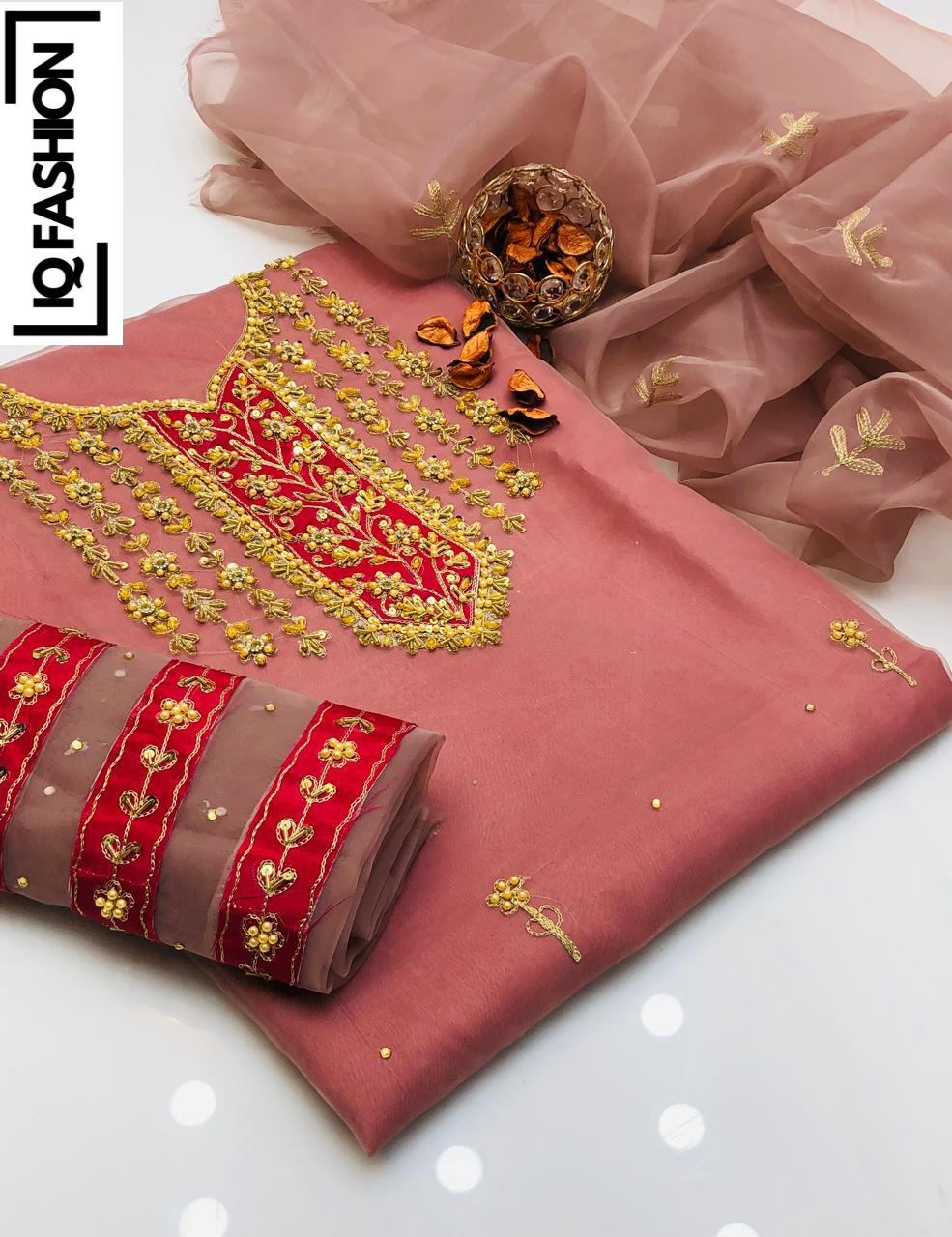 Women Dress - 2pc Suit for Girls - Organza - Handmade - Aari Zari Beeds ...