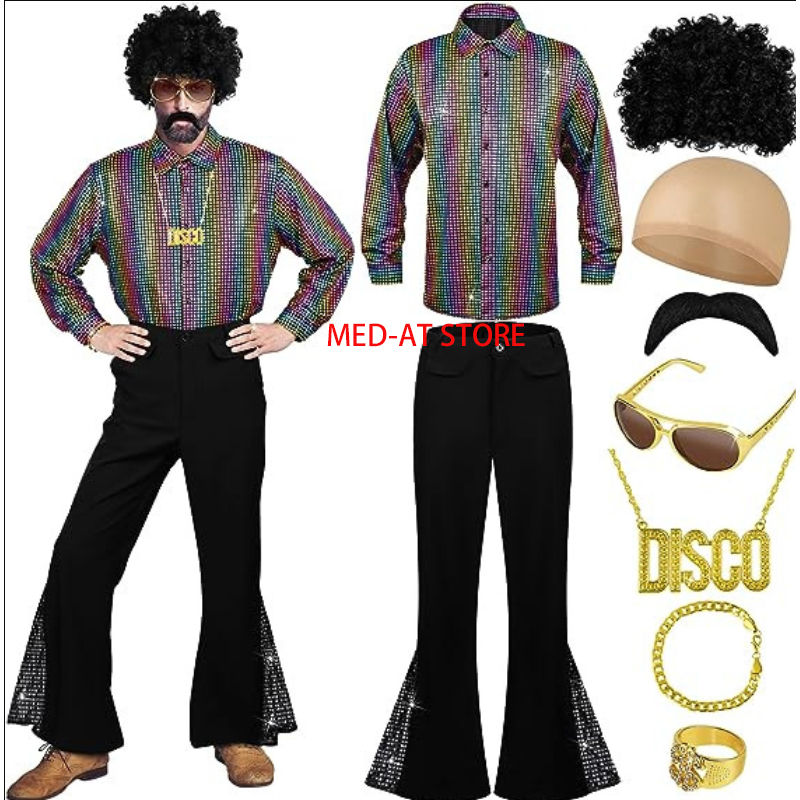 Men's 70s Disco Costume Sequin Bell Bottom Pants Mens Bootcut Trousers ...