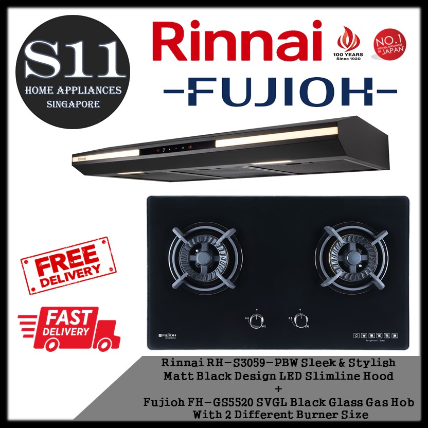 Rinnai RH-S3059-PBW Sleek & Stylish Matt Black Design LED Slimline Hood + Fujioh FH-GS5520 SVGL ...