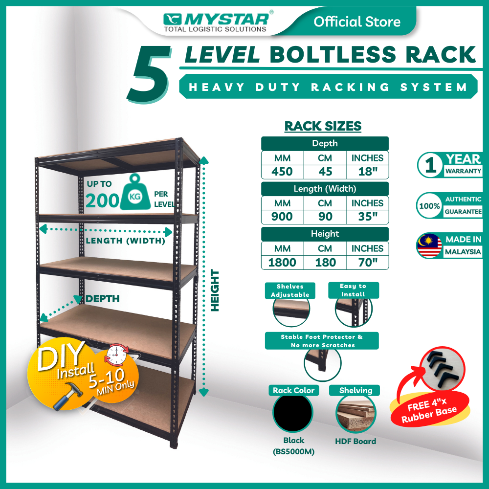 MYSTAR Boltless Rack 45 x 90 x 180 cm Max Load 200kg/Level Cap 5 Layer ...