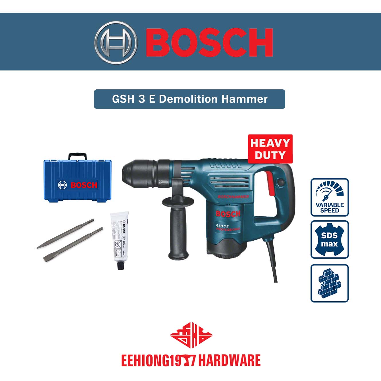 BOSCH 0611320703 GSH 3 E Professional Demolition Hammer With SDS Plus With Auxiliary Handle ...