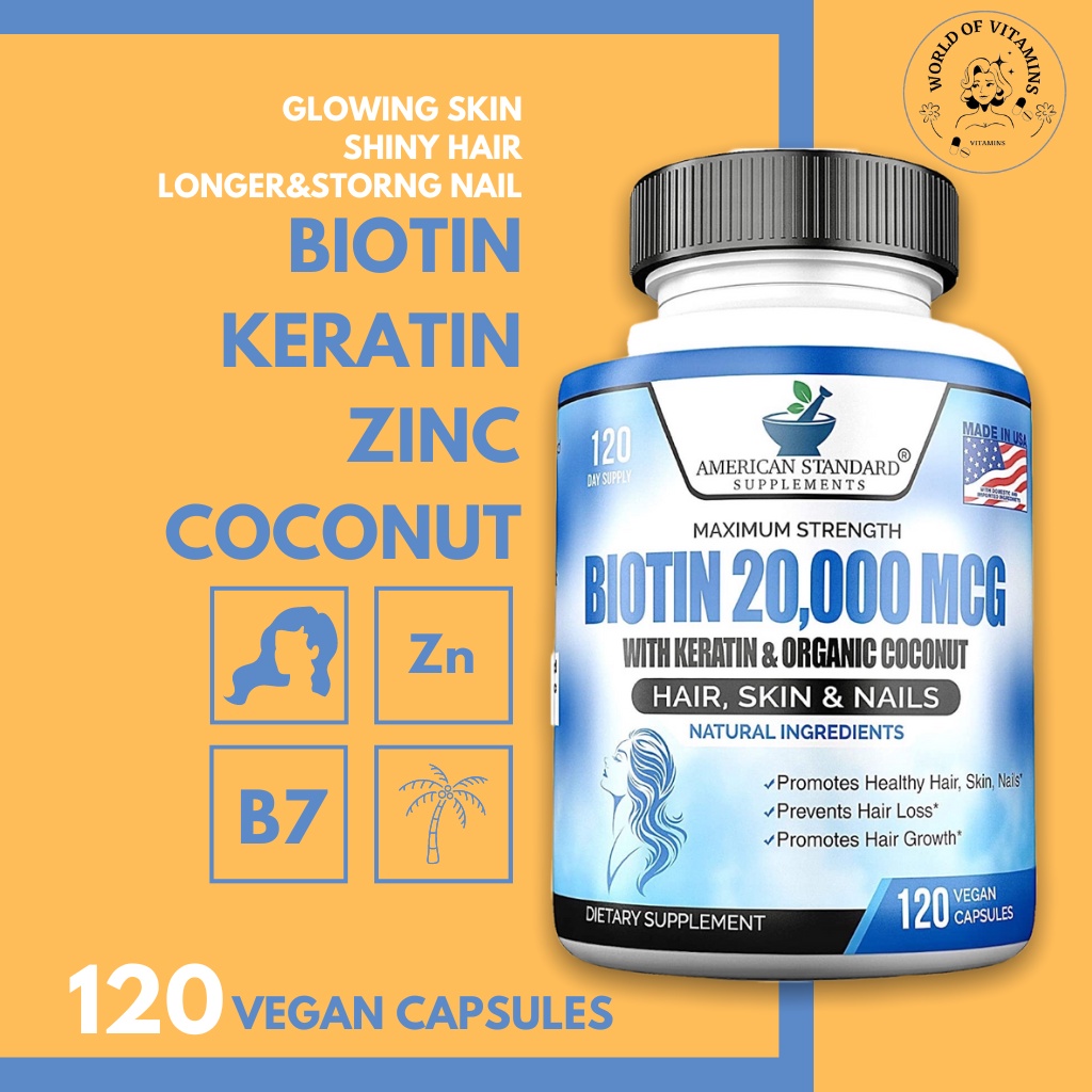 American Standard Supplements Biotin 20,000mcg with Keratin, Organic ...