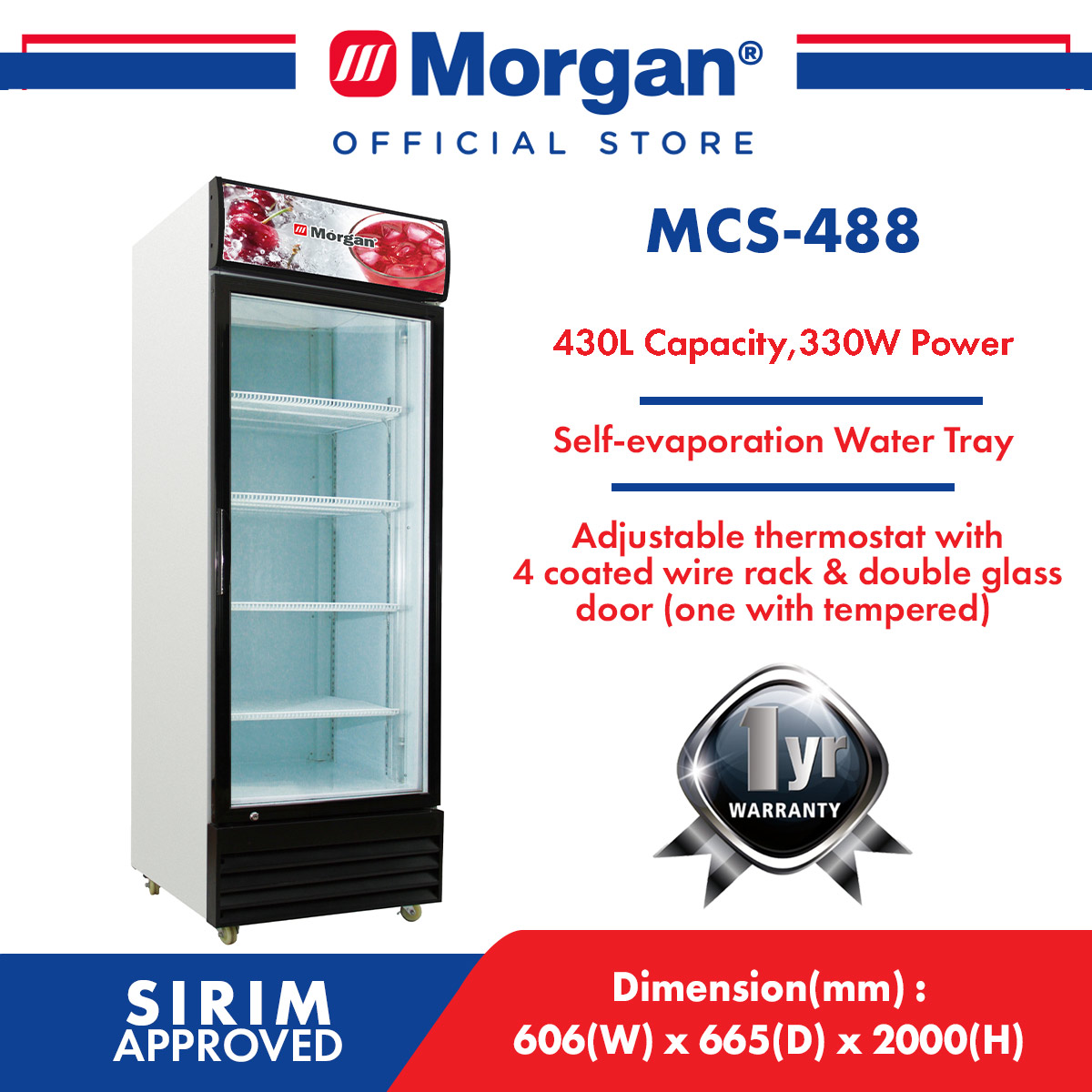 MORGAN MCS-488 CHILLER SHOWCASE DOOR DISPLAY FRIDGE 430L | Lazada