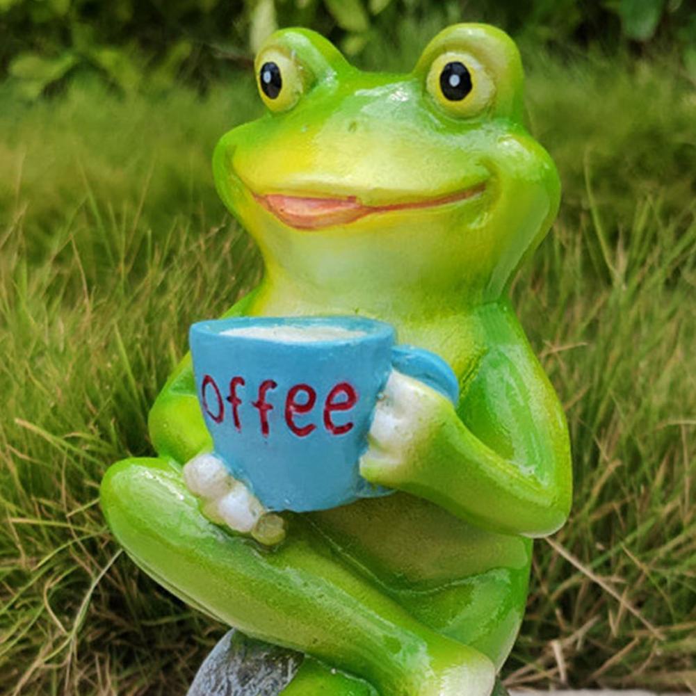 Sitting Frog Statuary Animal Design Green Frog Drinking Coffee Stone ...