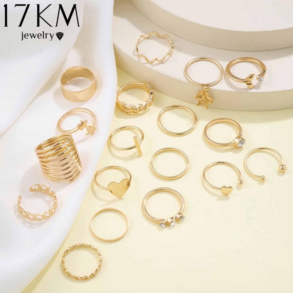 17 KM 18pcsset Star Heart Gold Ring Set Elegant Crystal Wave Open Rings ...