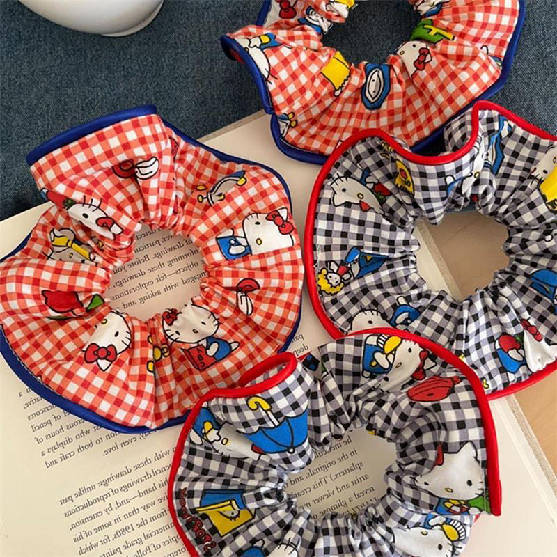 Cute Hello Kitty High Elastic Plaid Large Intestine Hair Rope Girl ...