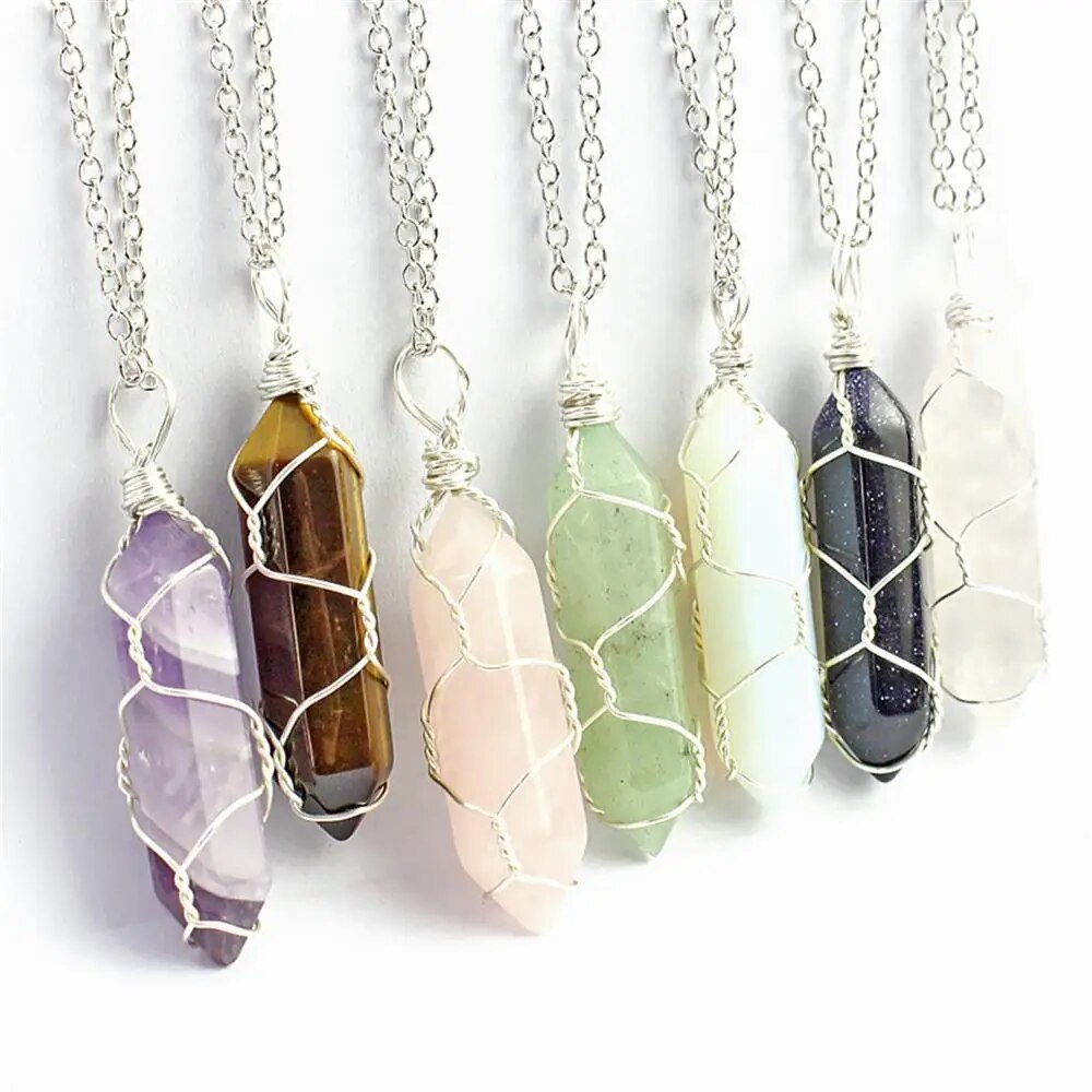Natural Stone Pendant Necklaces Hexagonal Column Quartz Necklaces ...