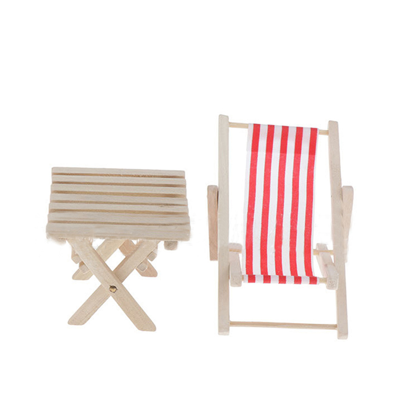 1:12 Mini Foldable Wood Beach Chair Recliner Sunbathing Chair Chaise ...