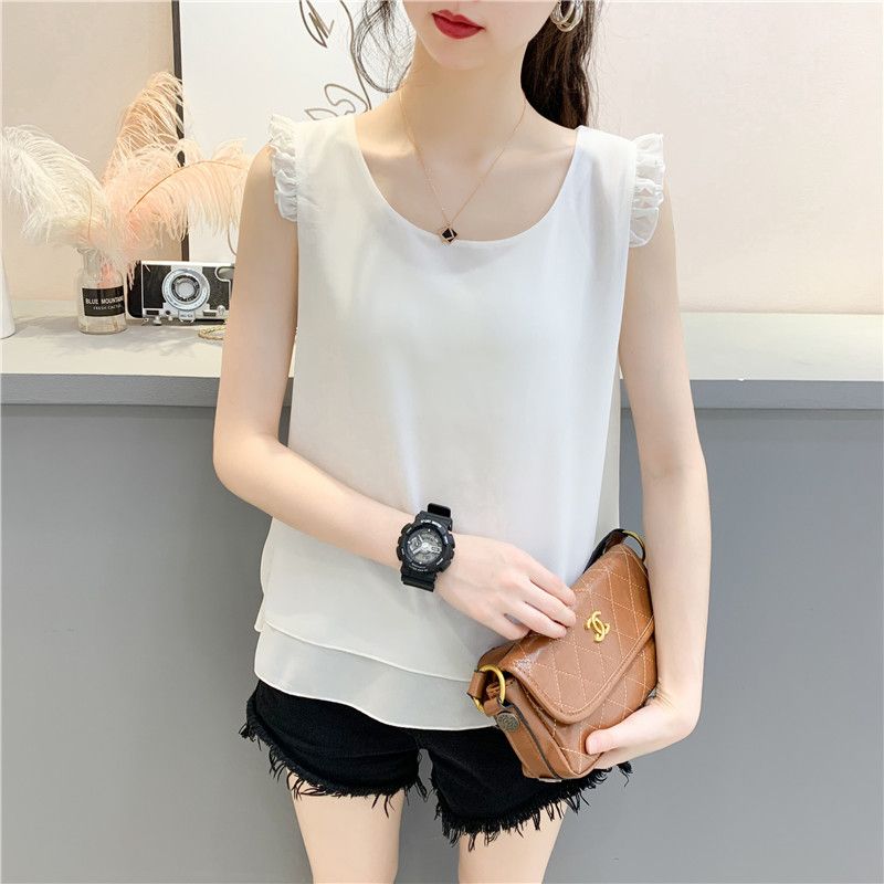 FE2023 เสื้อผ้าผู้หญิงเสื้อกล้ามแขนกุดแบบใหม่ฤดูร้อนเสื้อชีฟองสไตล์ตะวันตกคอกลมทรงหลวมใส่ด้านนอก ...
