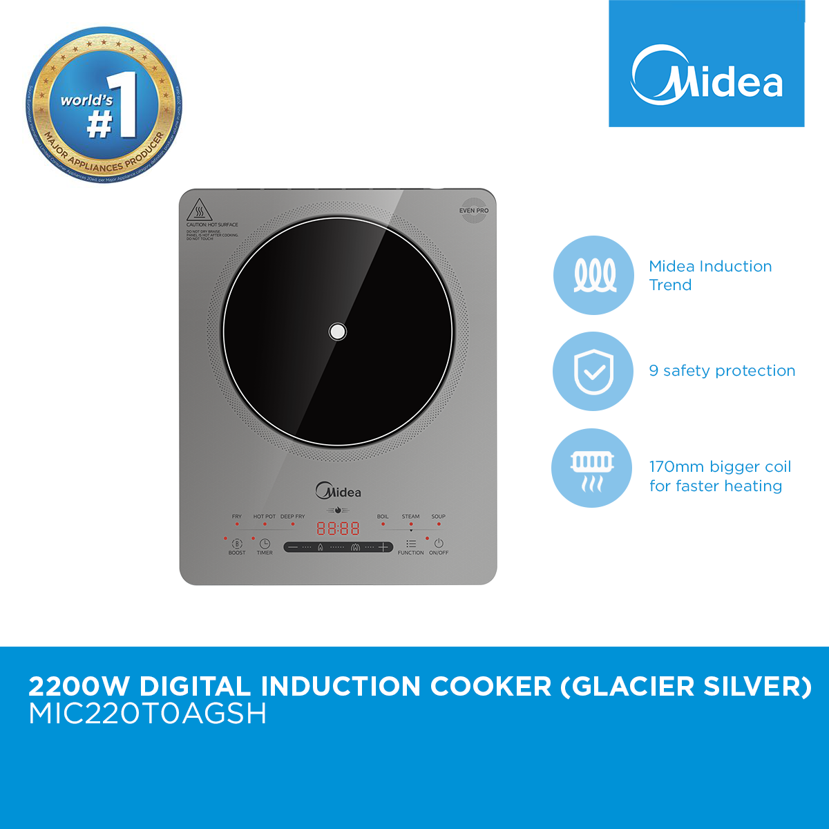 Midea Digital Induction Cooker 2200W Blue/Silver Fast Heating with Free ...