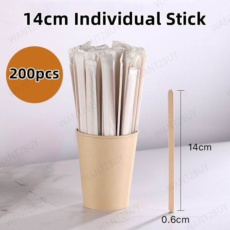 🇲🇾 100/200pcs Individual Pack Disposable Bamboo Stirring Stick Birch ...
