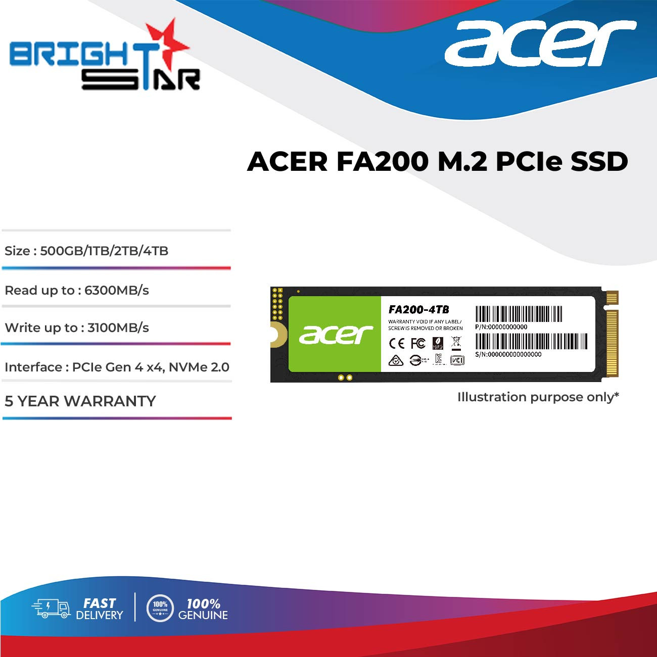 ACER FA200 M.2 PCIE Gen4x4 SSD (500GB/1TB/2TB/4TB) | Lazada