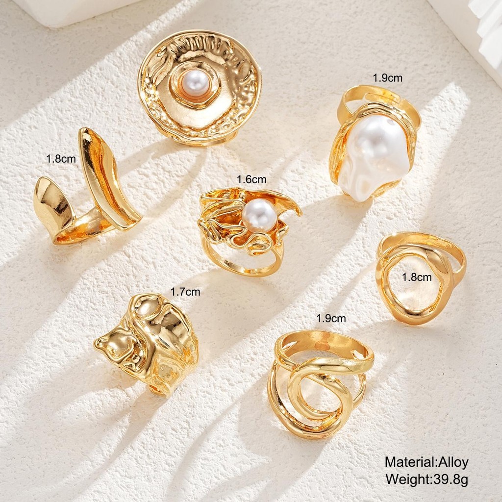 Enacolor Retro Punk Exaggerated Irregular Geometry Ring Set Gold Metal Pearl Joint Open Rings ...